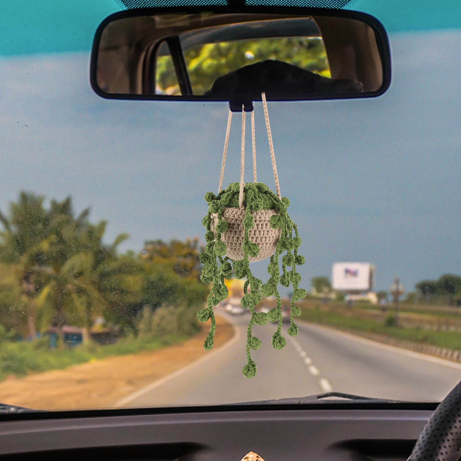 Crochet Hanging Plants, Succulent Car Plants, Mini Macrame Plant Car Accessories Rear View Mirror Charm Cute Hanging Rearview Car Decor Boho Hanger Gifts for Plant Lover 1