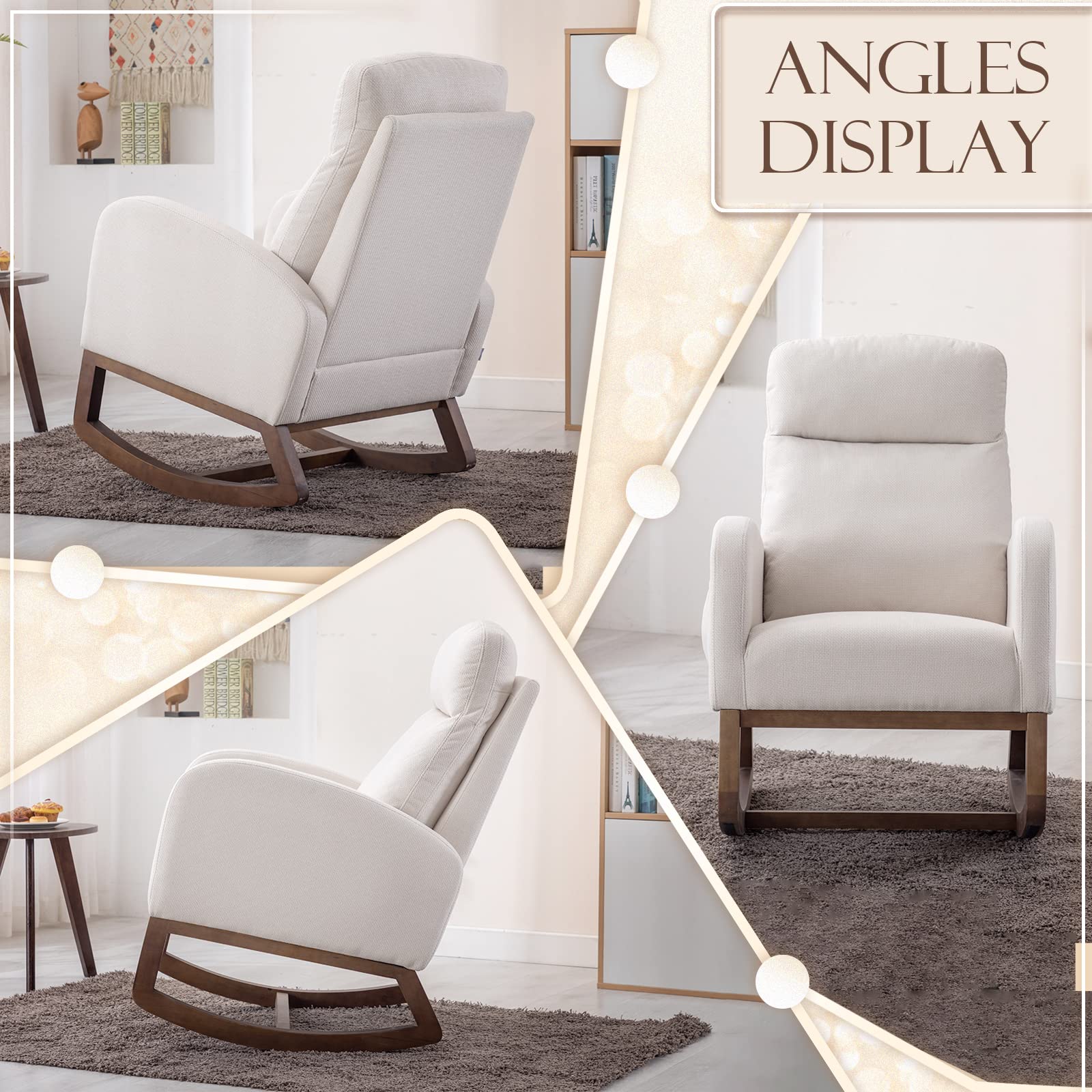 KINFFICT Comfy Rocking Chair, Upholstered Accent Glider Rocker for Baby Nursery or Relaxation, Living Room Armchair with High Back and Headrest, Modern Rocking Glider with Side Pocket, Beige