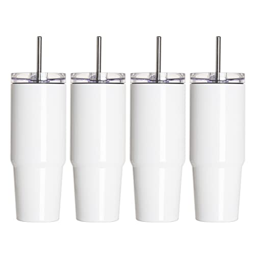 PYD Life Sublimation Tumblers Blanks Stainless Steel 30 OZ White Insulated Reusable Travel Coffee Mugs Cups with Leakproof Lid and Stainless Straw for Tumbler Heat Press 4 Pack