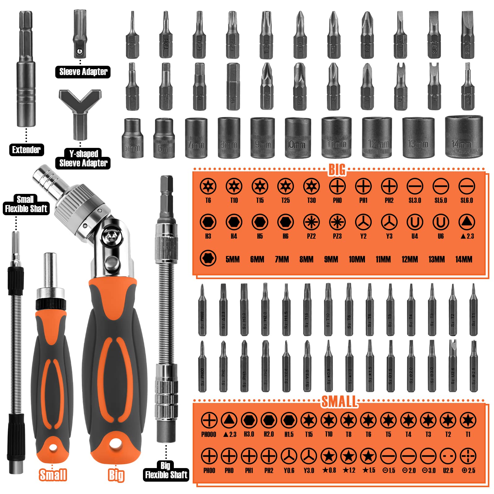 BTEC Ratcheting Screwdriver Set 68 in 1 Socket Set & Magnetic Screwdriver Bit Set with Rotatable Ratchet Handles,extensions bar and Storage Case for Computer/Bike/Car/Electronics Maintenance