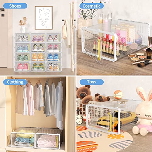Gardace 12 Pack Shoe Storage Boxes,Clear Plastic Stackable Shoe Organizer for Closet,Foldable Shoe Rack Sneaker Container Bins Holders,with Yellow Door Handle