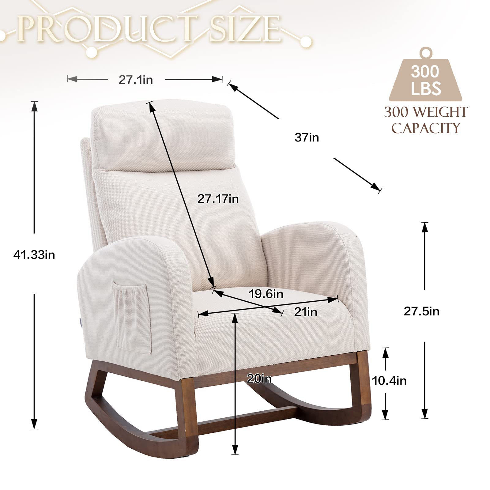 KINFFICT Comfy Rocking Chair, Upholstered Accent Glider Rocker for Baby Nursery or Relaxation, Living Room Armchair with High Back and Headrest, Modern Rocking Glider with Side Pocket, Beige