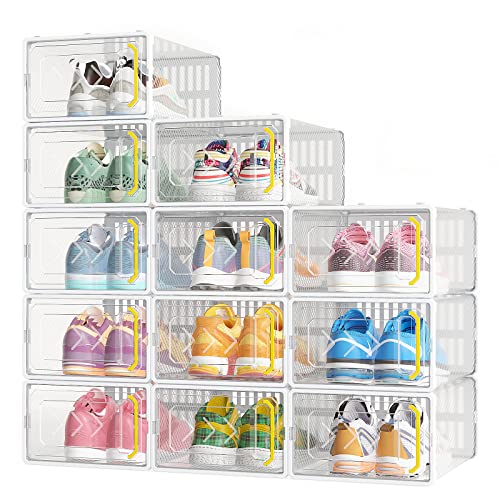 Gardace 12 Pack Shoe Storage Boxes,Clear Plastic Stackable Shoe Organizer for Closet,Foldable Shoe Rack Sneaker Container Bins Holders,with Yellow Door Handle
