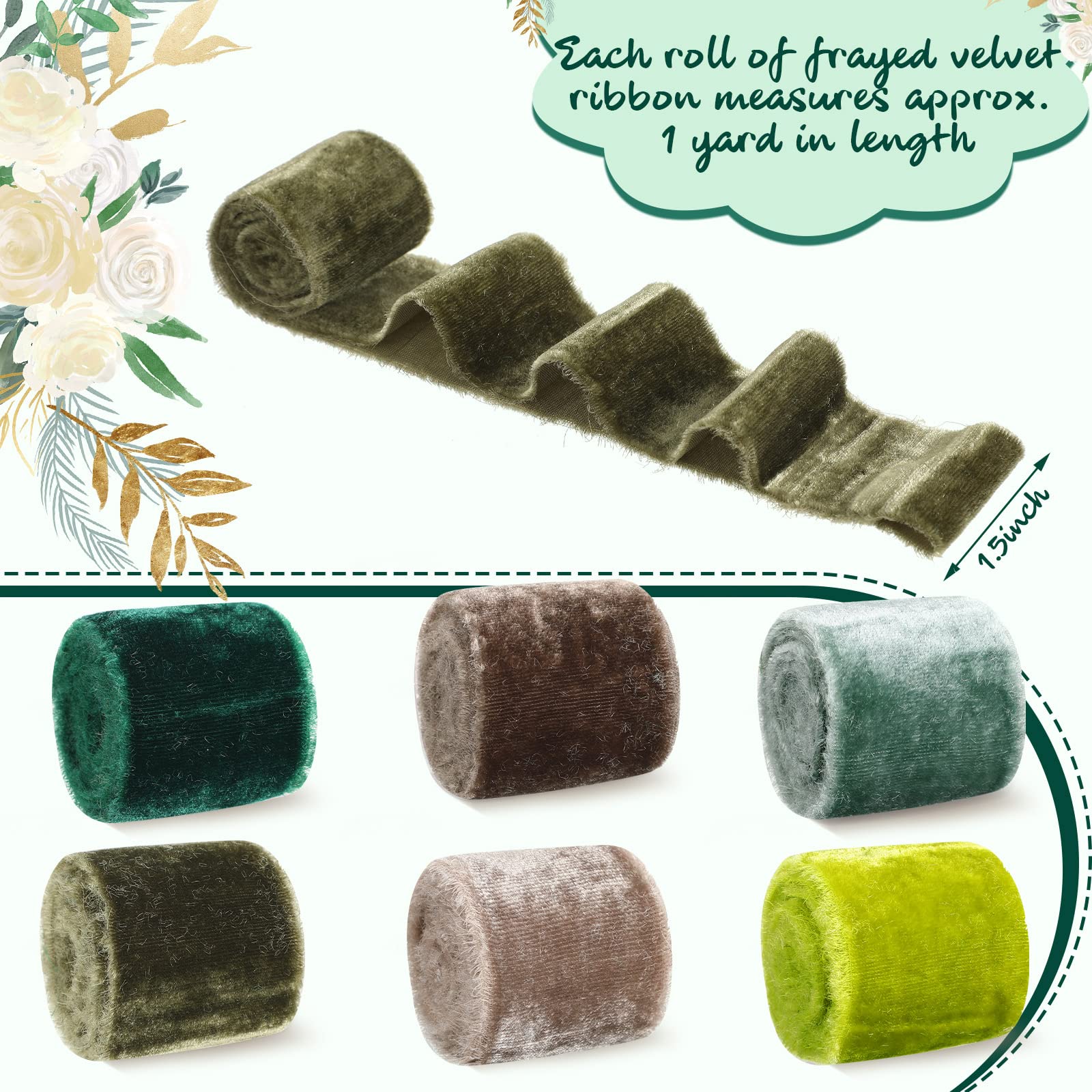 6 Rolls Velvet Ribbon 1.5 Inch Handmade Frayed Velvet Fall Wedding Ribbon Raw Edge for Wedding Bridal Bouquet Gift Wrapping Invitation Tie Fall Wreaths(Dark Color)