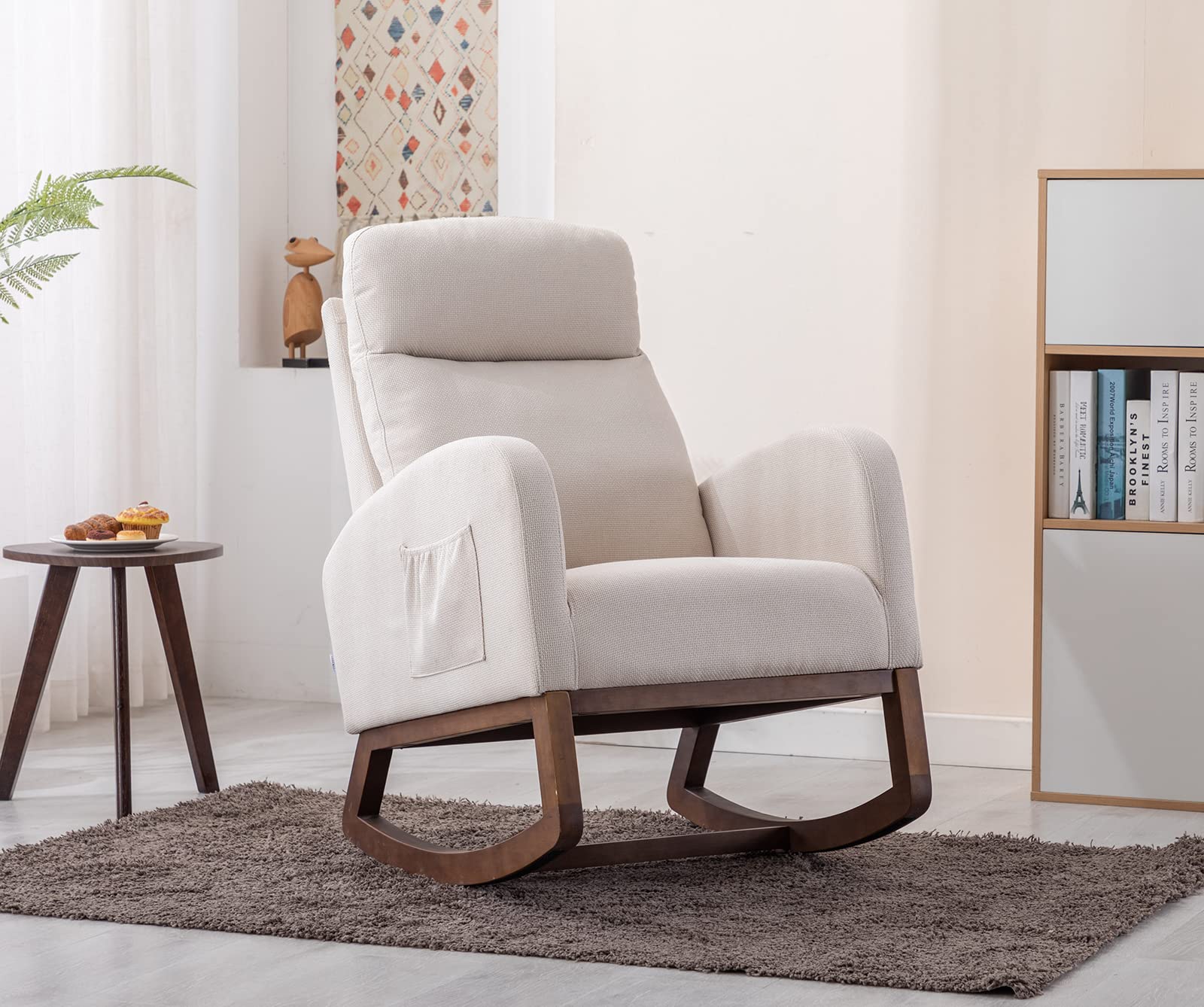 KINFFICT Comfy Rocking Chair, Upholstered Accent Glider Rocker for Baby Nursery or Relaxation, Living Room Armchair with High Back and Headrest, Modern Rocking Glider with Side Pocket, Beige