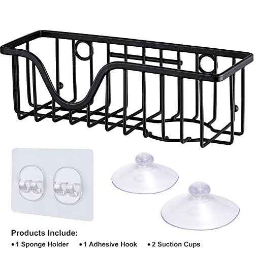 Sponge Holder for Kitchen Sink with Adhesive Hook & Suction Cups - 2 IN 1 Sink Caddy for Sponges, Dish Brush, Scrubbers, Soap - 304 Stainless Steel Kitchen Bathroom Organizer Accessories - Black
