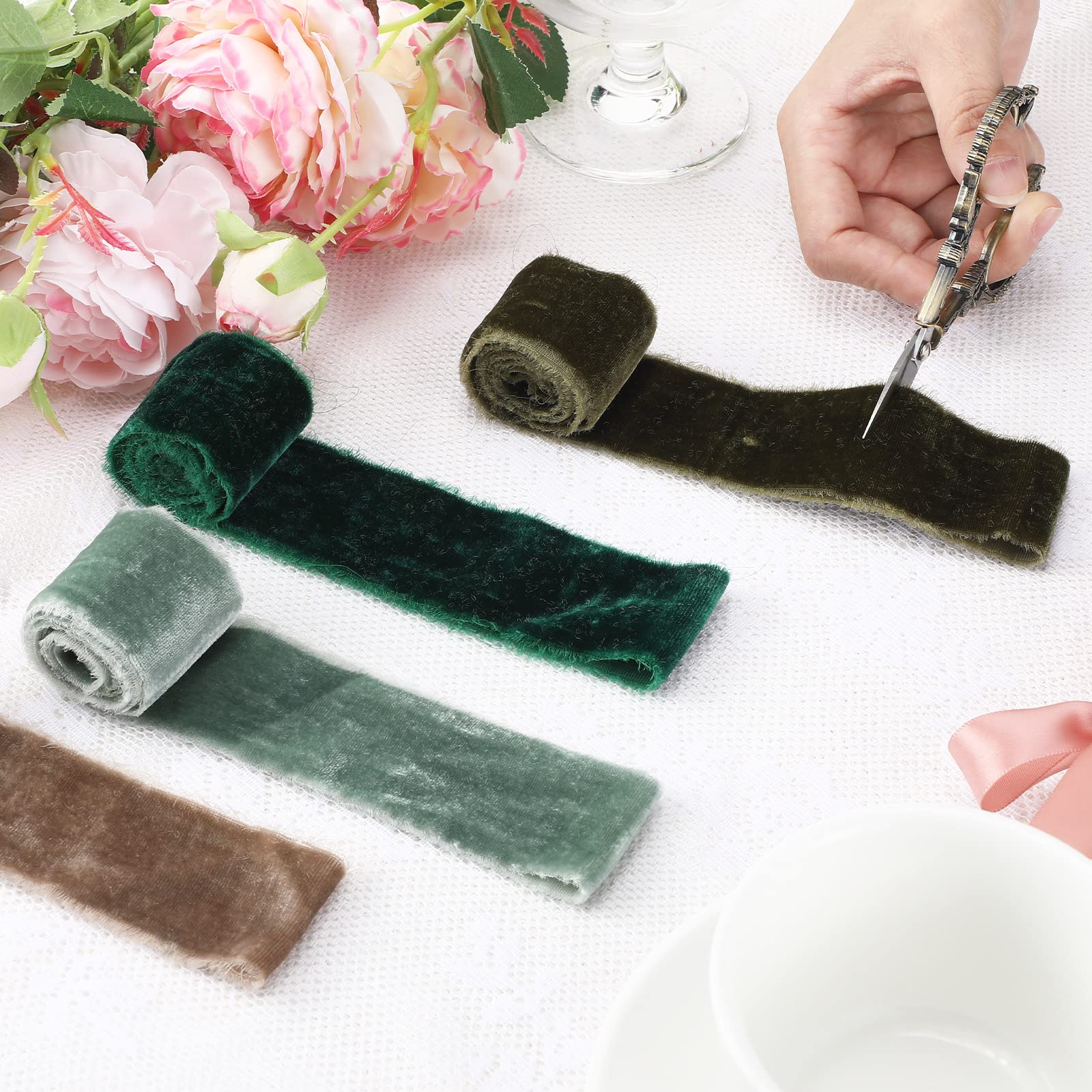6 Rolls Velvet Ribbon 1.5 Inch Handmade Frayed Velvet Fall Wedding Ribbon Raw Edge for Wedding Bridal Bouquet Gift Wrapping Invitation Tie Fall Wreaths(Dark Color)