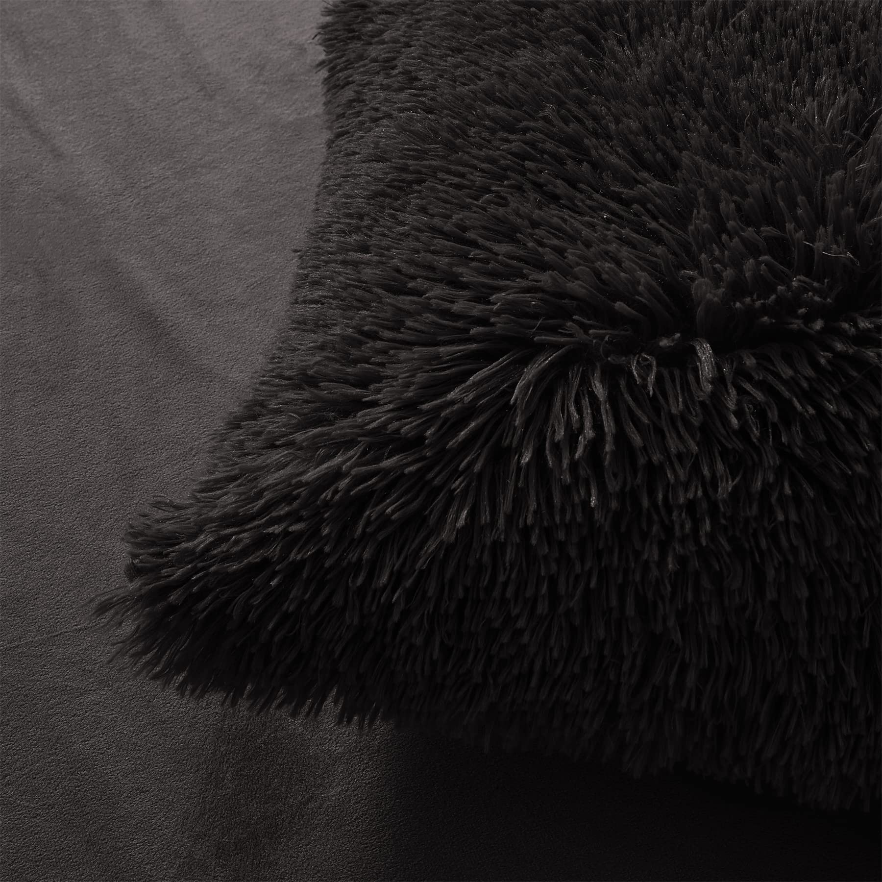 Furry Plush Pillow Covers, Ultra Soft Black Faux Fur, Decorative Bed Pillows, Zipper Closure, Set of 2 (Standard)