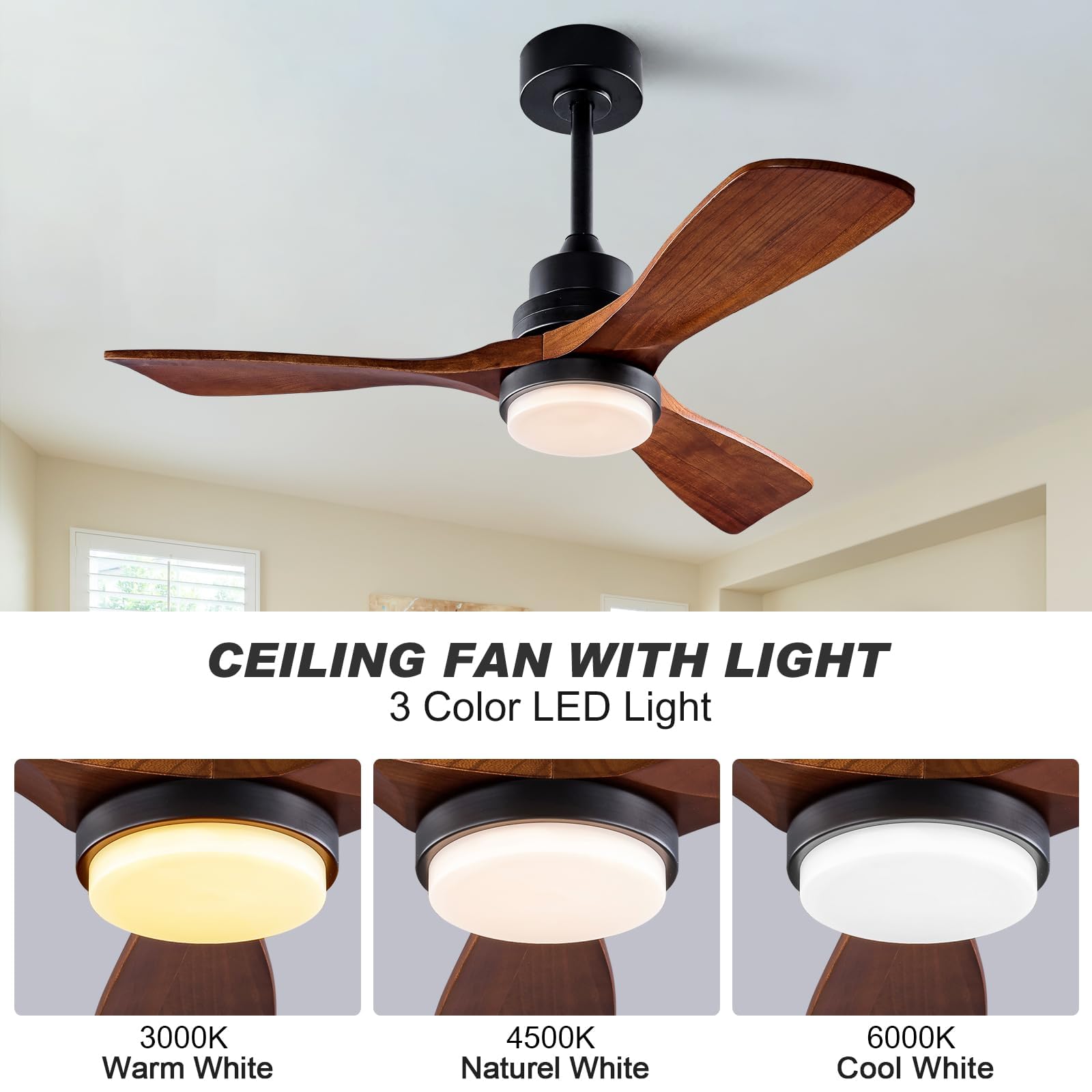 XBIBI 42 Inch Ceiling Fans with Lights and Remote, Dimmable, Modern 3 Blades Wood Ceiling Fan with Light, 6 Speed Quiet DC Motor, Indoor Outdoor Ceiling Fan for Patio Bedroom Kitchen Office