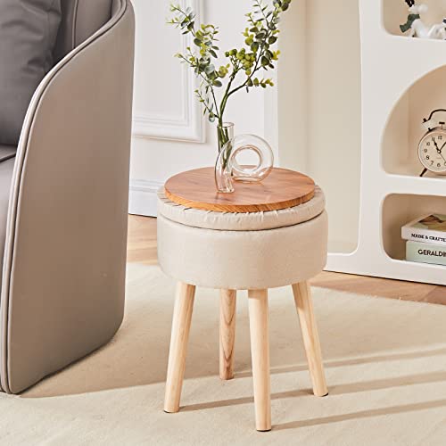 Mxfurhawa Storage Ottoman Linen Round Vanity Stool Tray Top Modern Foot Stool with Wood Legs Multifunctional Upholstered Foot Ottoman Rest for Living Room, Bathroom, Makeup (Beige)