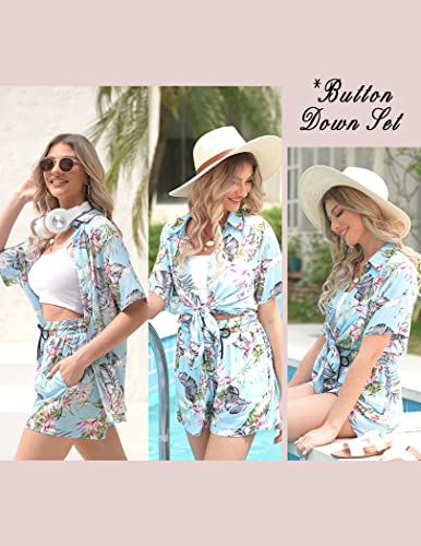 COOFANDY Womens Floral Blouse Set Hawaiian 2 Piece Outfit Button Lounge Beach Tracksuits