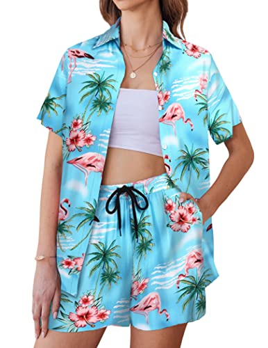 COOFANDY Womens Floral Blouse Set Hawaiian 2 Piece Outfit Button Lounge Beach Tracksuits