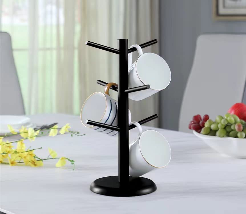 Dorhors Mug Tree,Mug Hanger Stand,Coffee Cup Holder with 6 Hooks,Wood Coffee Mug Holder for Counter,Coffee Bar Accessories and Decor,Coffee Organizer Station (Balck)