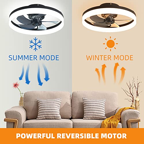 YOZLNFO 2024 20'' Modern Ceiling Fan with Lights Remote Control, 6 Speeds 3 Colors Geometric Bladeless Ceiling Fan with Lights, Black Low Profile Flush Mount Ceiling Fan for Kitchen Bedroom Living