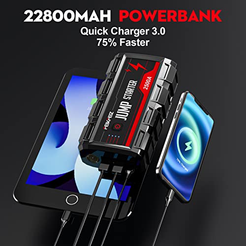 FEIKFEIZ Car Jump Starter, 2500A Peak 22800mAh 12V Car Battery Starter(Up to All Gas, 8.0L Diesel Engine), with USB Quick Charge 3.0,LED Light.