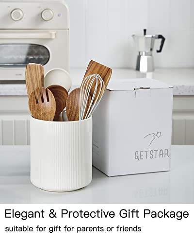 Getstar Utensil Holder, Large Kitchen Utensil Holder for Kitchen Counter (H7.2β x W6.2β), Ceramic Cooking Utensil Holder with Cork Mat, Kitchen Decor for Counter (White, Utensils Not Included)