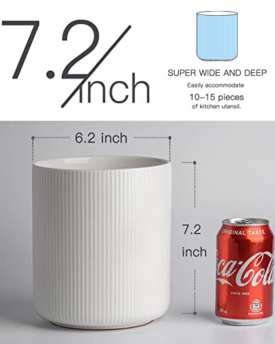 Getstar Utensil Holder, Large Kitchen Utensil Holder for Kitchen Counter (H7.2β x W6.2β), Ceramic Cooking Utensil Holder with Cork Mat, Kitchen Decor for Counter (White, Utensils Not Included)
