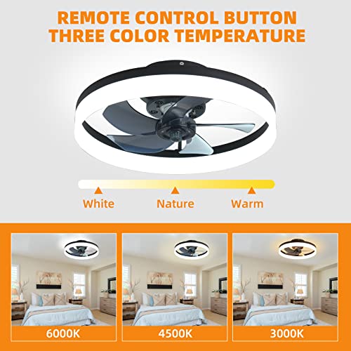 YOZLNFO 2024 20'' Modern Ceiling Fan with Lights Remote Control, 6 Speeds 3 Colors Geometric Bladeless Ceiling Fan with Lights, Black Low Profile Flush Mount Ceiling Fan for Kitchen Bedroom Living