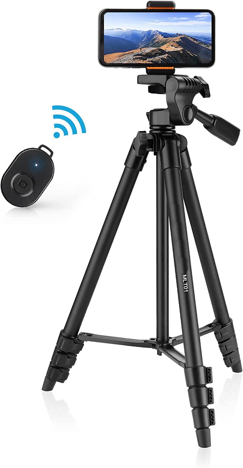 Camera Tripod with Travel Bag, Cell Phone Tripod with Wireless Remote and Phone Holder, Compatible with All Cameras, Cell Phones, Tiktok,Projector, Webcam, Spotting Scopes