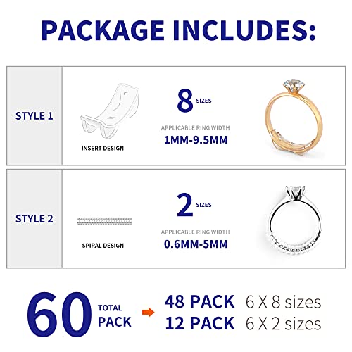 Ring Size Adjuster for Loose Rings - 60Pack, 2 Styles, Ring Guard, Ring Sizer, 10 Sizes Fit for Man and Woman Ring