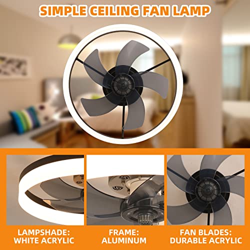 YOZLNFO 2024 20'' Modern Ceiling Fan with Lights Remote Control, 6 Speeds 3 Colors Geometric Bladeless Ceiling Fan with Lights, Black Low Profile Flush Mount Ceiling Fan for Kitchen Bedroom Living