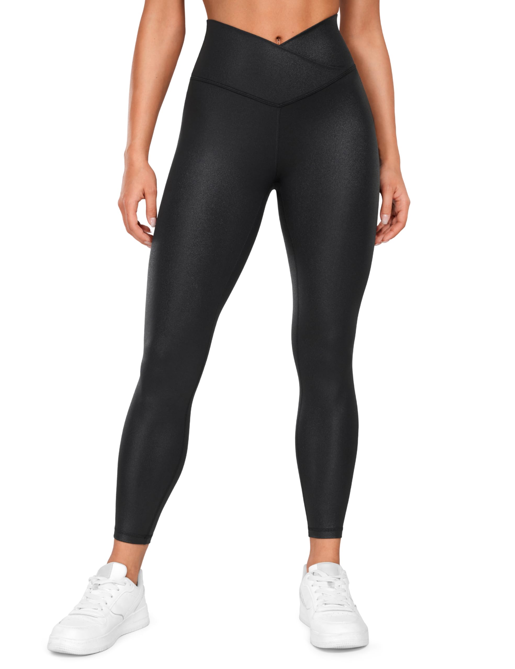 CRZ YOGA Womens Butterluxe Matte Faux Leather Cross Waist Leggings 25" - V Crossover High Waisted Lounge Leggings Black Classic Medium
