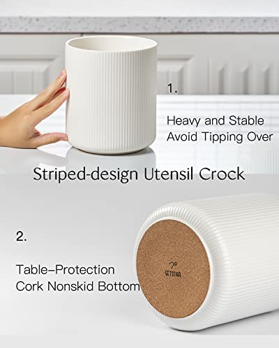 Getstar Utensil Holder, Large Kitchen Utensil Holder for Kitchen Counter (H7.2β x W6.2β), Ceramic Cooking Utensil Holder with Cork Mat, Kitchen Decor for Counter (White, Utensils Not Included)