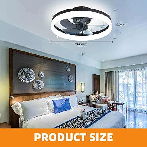 YOZLNFO 2024 20'' Modern Ceiling Fan with Lights Remote Control, 6 Speeds 3 Colors Geometric Bladeless Ceiling Fan with Lights, Black Low Profile Flush Mount Ceiling Fan for Kitchen Bedroom Living