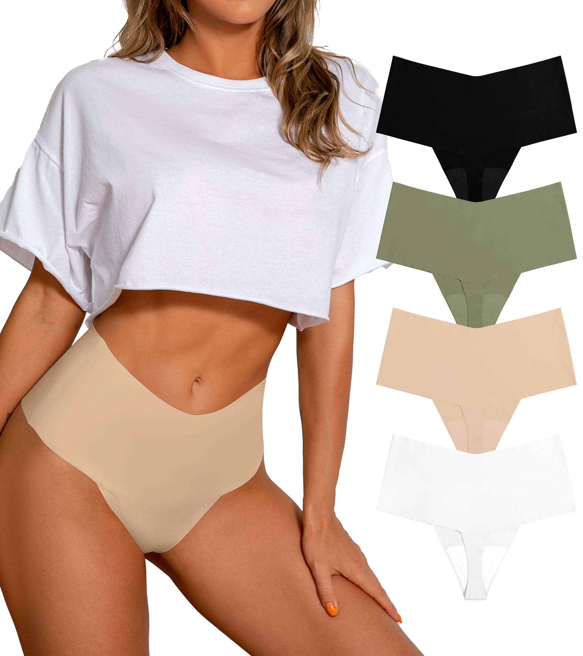 DEANGELMON Womens Thongs High Waisted Seamless Underwear for Women Breathable No Show Panties 4 Pack Medium(4P6)