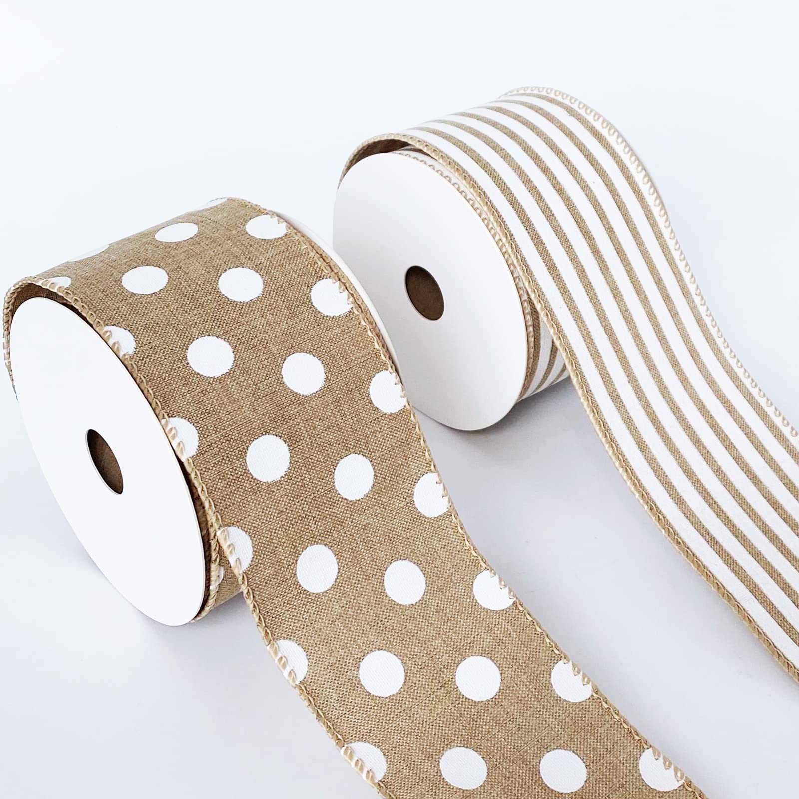 Leecogo Burlap Ribbon Wired,2 1/2”x10 Yard,White Stripe Rustic Ribbon for Easter, Christmas, Wreath, Spring, Summer, Wedding, Baby Shower, Birthday