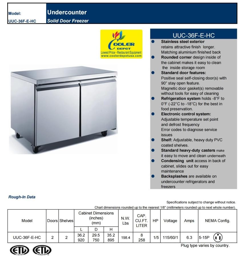 Under Counter Freezer 36" Stainless Steel Commercial Freezer NSF 2 doors 2 shelves, capacity 8 cuft 0°F to -8°F 115V/60HZ Restaurant- UUC36F