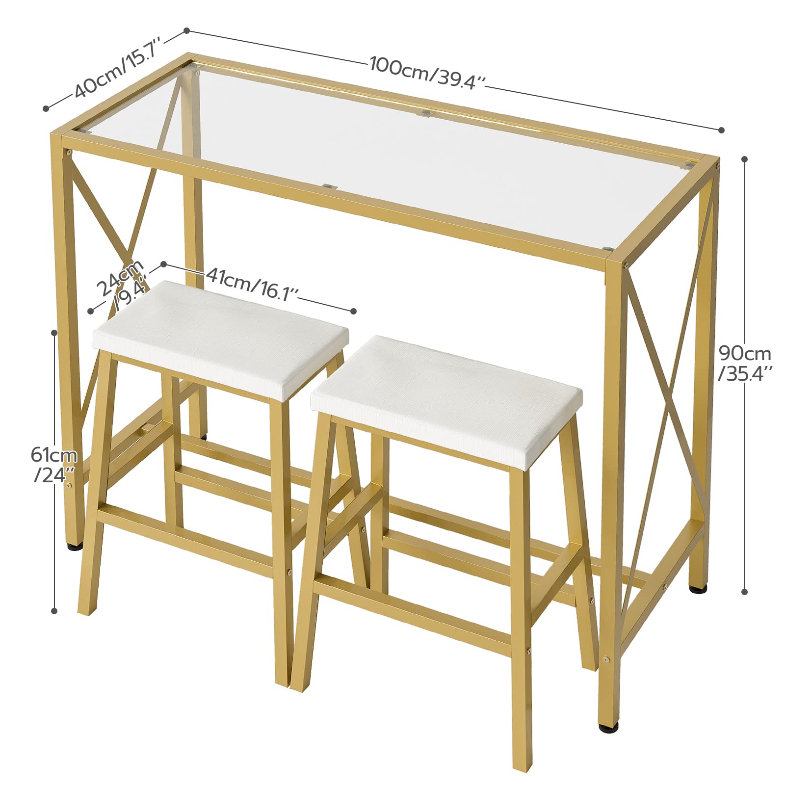 HOOBRO Bar Table Set of 2, 3 Piece Modern Bar Table and Chairs Set, 39.4'' Pub Table Dining Set, Counter Height Table, for Living Room, Kitchen Small Space, Gold and White GD14BT01