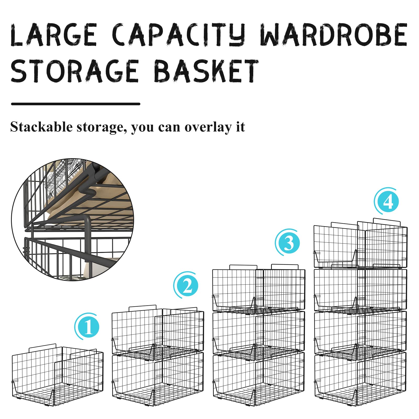 Jakyitvi Stackable Closet Organizers and Storage Bins 4 Pack, Folded Drawer Shelf Organizer for Closet Wardrobe, Sturdy Metal Clothes Storage Container for Clothes Pants Sweaters, Black