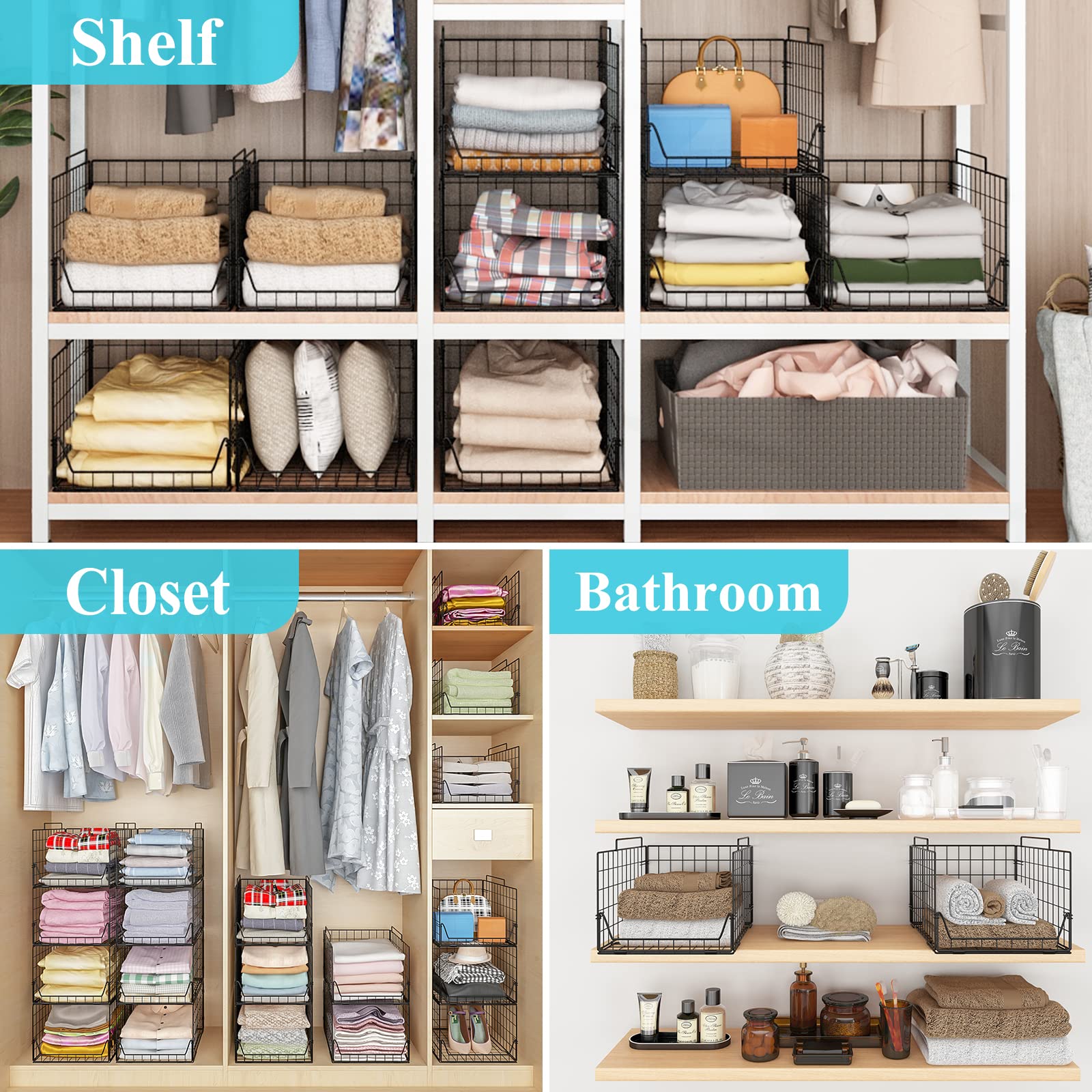 Jakyitvi Stackable Closet Organizers and Storage Bins 4 Pack, Folded Drawer Shelf Organizer for Closet Wardrobe, Sturdy Metal Clothes Storage Container for Clothes Pants Sweaters, Black