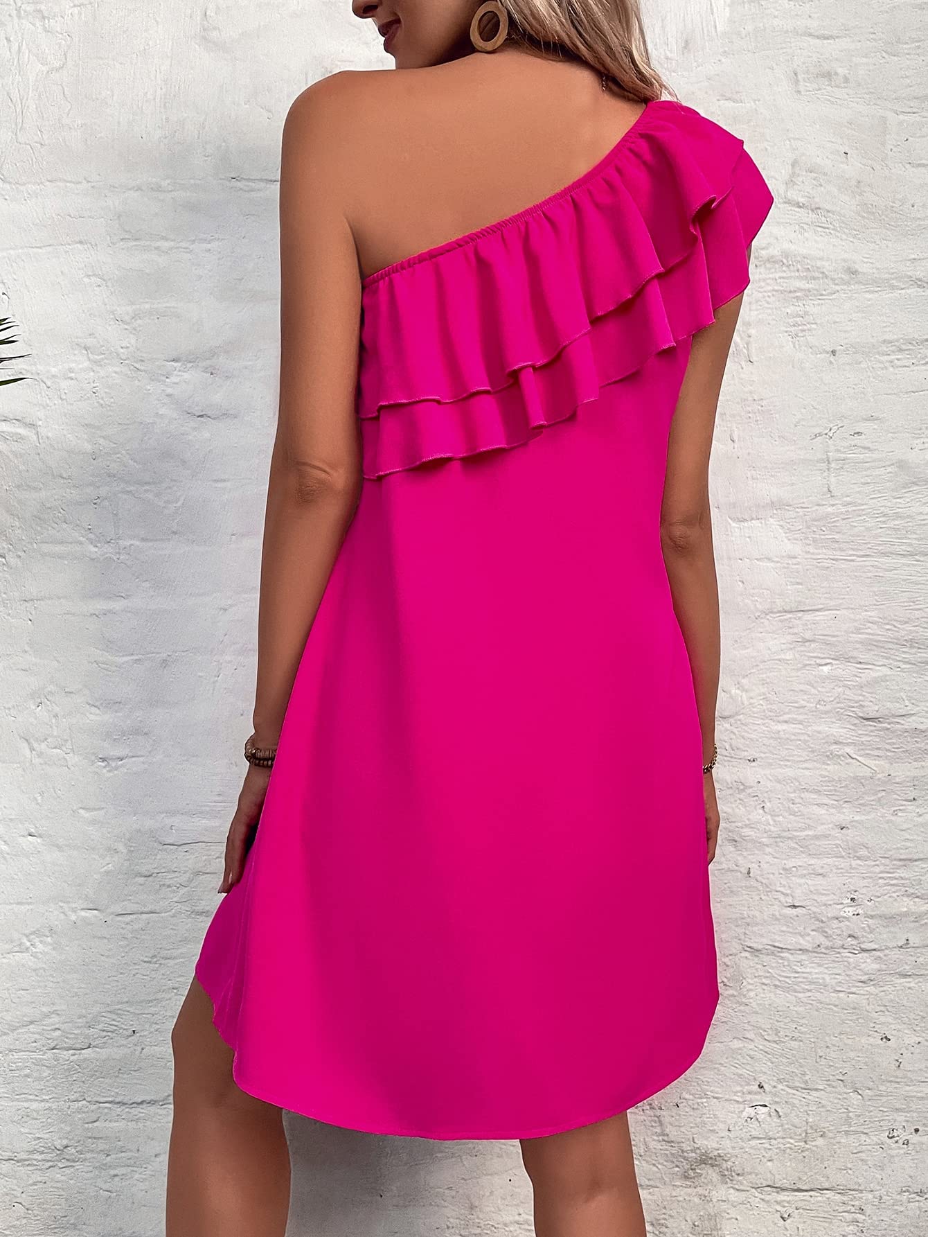 Floerns Women's One Shoulder Tiered Layered Sleeveless Ruffle Trim Tunic Dress A Hot Pink XL