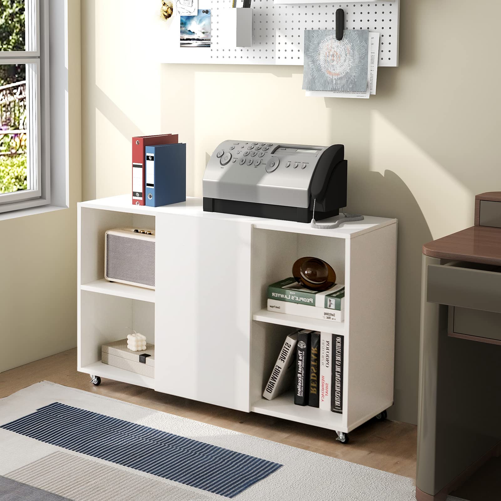 Tangkula Wood Bookcase with Wheels, Mobile Storage Cabinet w/ 6 Cubes, Printer Stand w/Open Shelf, Large Lateral Filing Cabinet, Multifunctional Storage Bookshelf for Home Office Study (White)