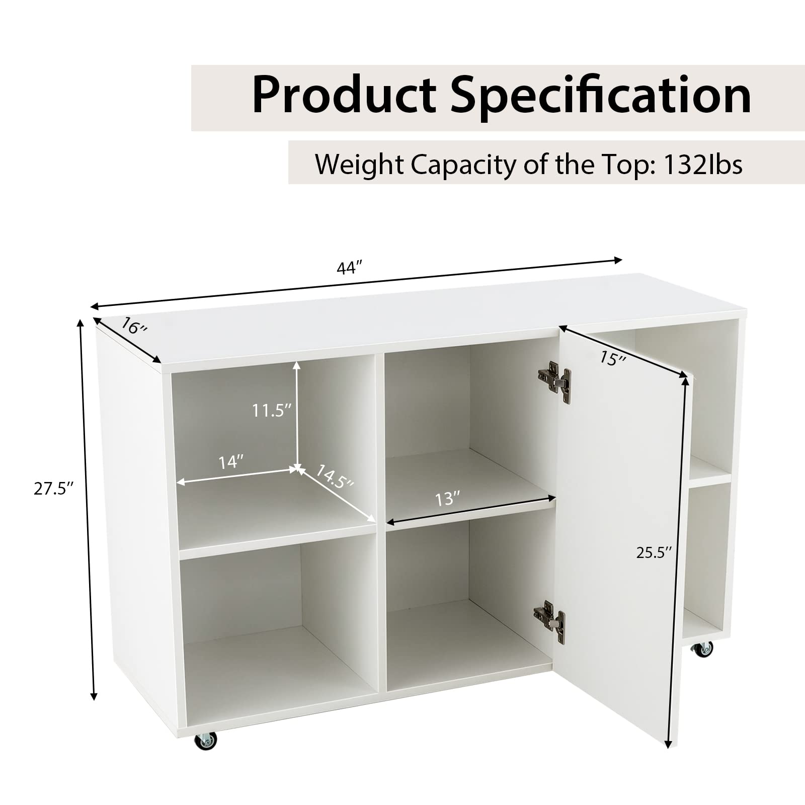 Tangkula Wood Bookcase with Wheels, Mobile Storage Cabinet w/ 6 Cubes, Printer Stand w/Open Shelf, Large Lateral Filing Cabinet, Multifunctional Storage Bookshelf for Home Office Study (White)