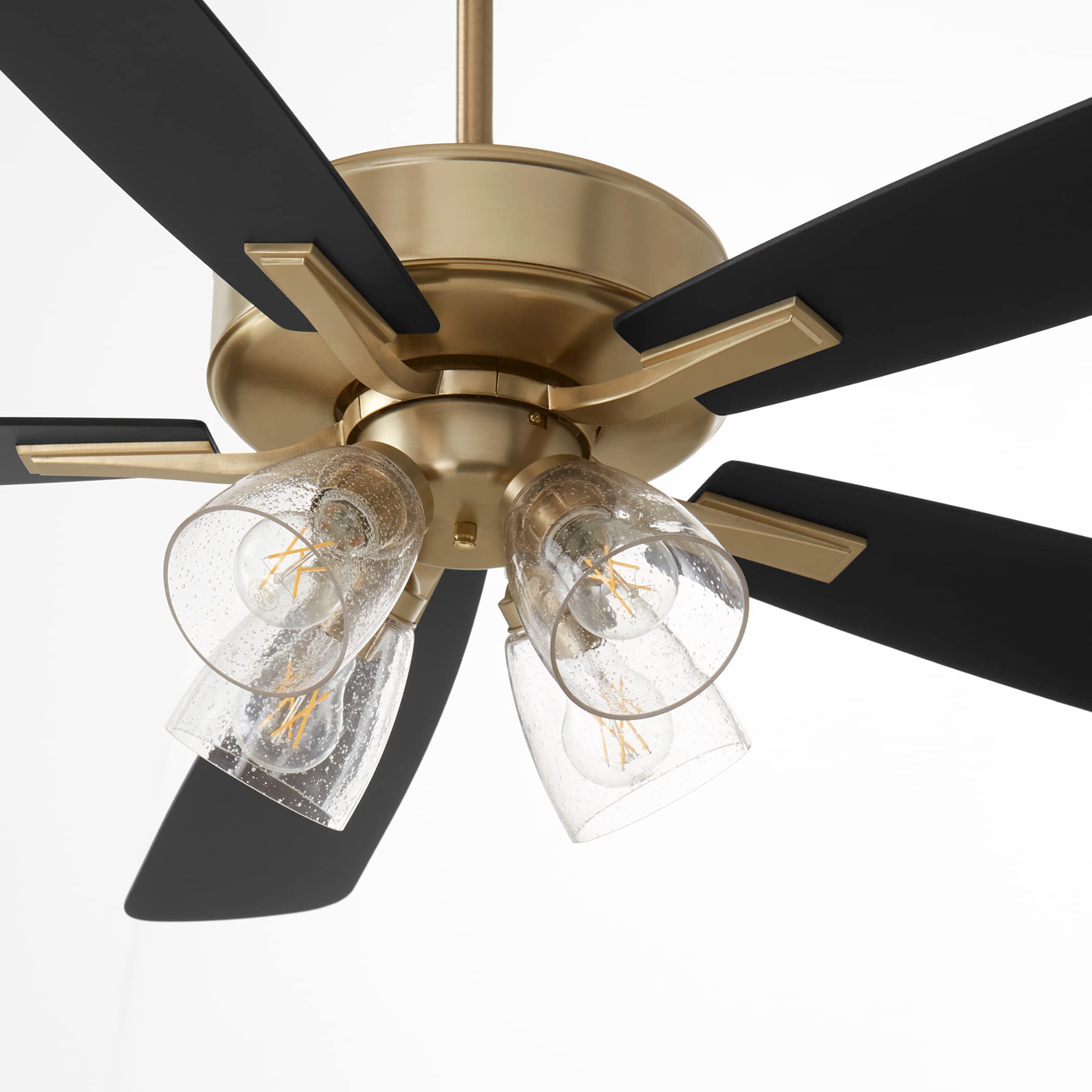 Quorum International 4525-2480 | 52 Inch Five Blade LED Four Light Ceiling Fan | 3 Speed Reversible Motor | Aged Brass Finish with Walnut Blades | Reversible Blades (Matte Black) | Clear Seedy Shade