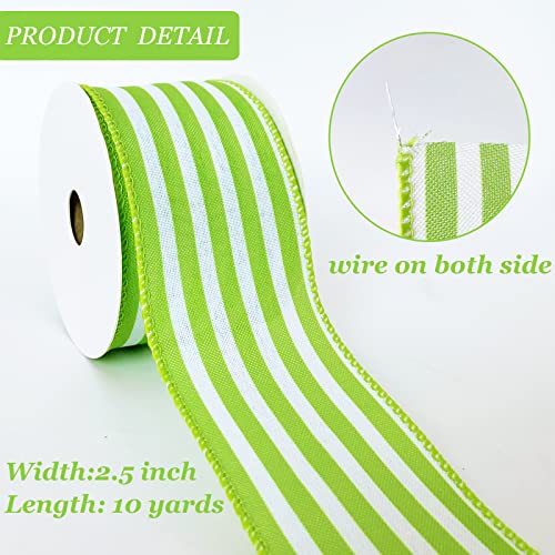 Leecogo Easter Ribbon Wired,2 1/2”x10 Yard,Green Stripe Ribbon for Easter, Christmas, Wreath, Spring, Summer, Wedding, Baby Shower, Birthday