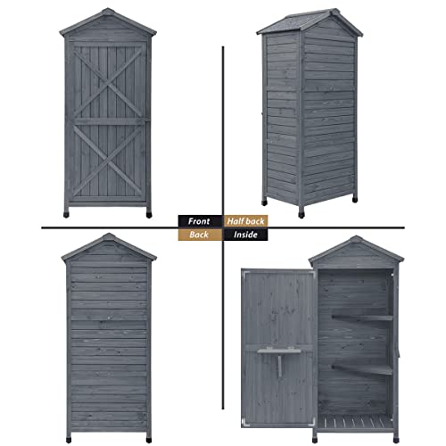 Outdoor Storage Cabinet, Wood Garden Shed, Waterproof Tool Furniture with Shelves, Door, Adjustable Legs for Yard, Patio, Deck