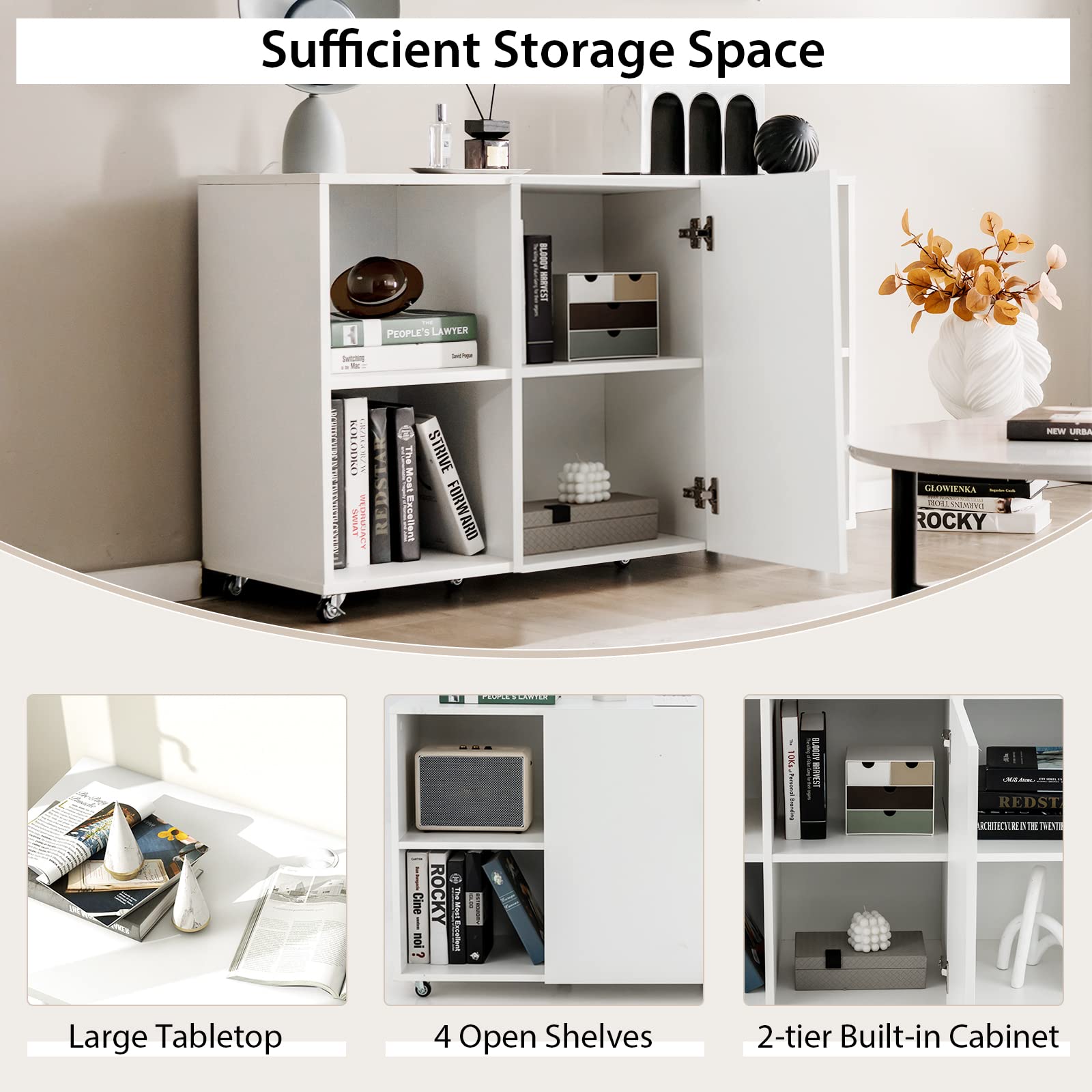 Tangkula Wood Bookcase with Wheels, Mobile Storage Cabinet w/ 6 Cubes, Printer Stand w/Open Shelf, Large Lateral Filing Cabinet, Multifunctional Storage Bookshelf for Home Office Study (White)