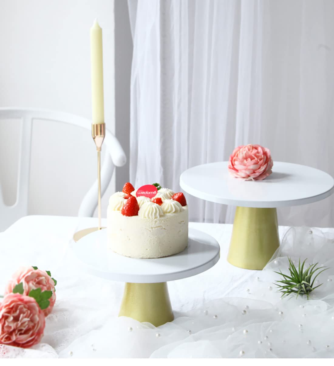 2pcs Modern Metal White-Gold Cake Stands Plate Set, Dessert and Cupcake Serving Display for Weddings, Parties, or Modern Home Decor