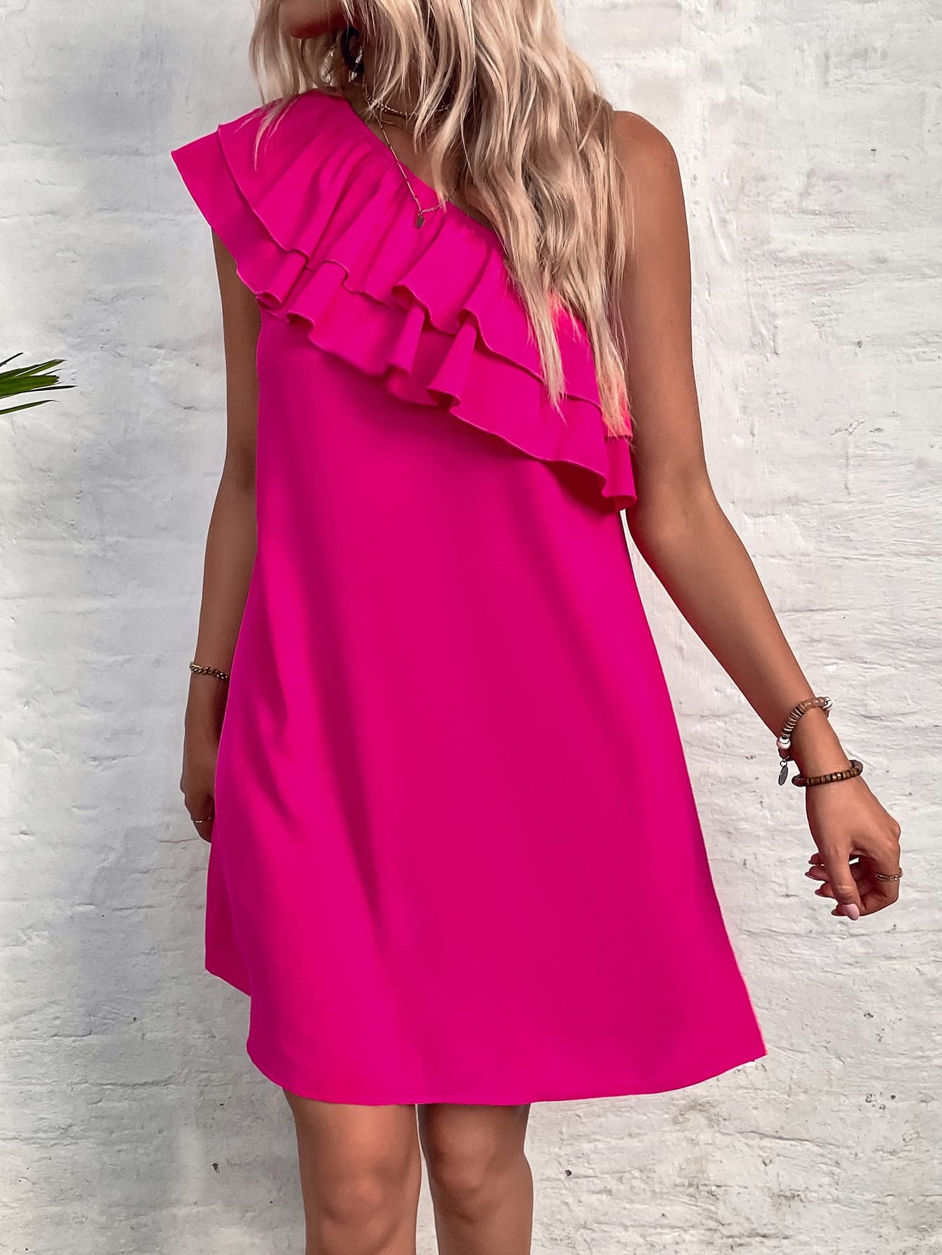Floerns Women's One Shoulder Tiered Layered Sleeveless Ruffle Trim Tunic Dress A Hot Pink XL