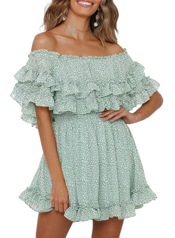 Dokotoo Women's Ladies Dresses Spring Summer Off The Shoulder Elastic Empire Waist Floral Bohemian Ruffle Chiffon Summer Dress for Women Green Large
