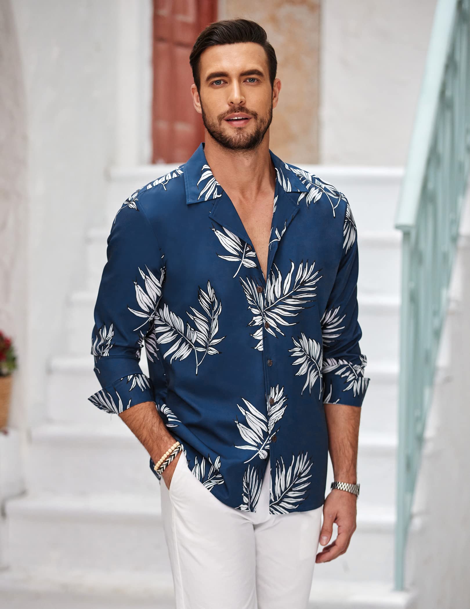 COOFANDY Long Sleeve Hawaiian Shirts for Men Palm Leaf Printed Button Down Shirts Cuban Collar Hawaiian Floral Shirt Palm Leaf L