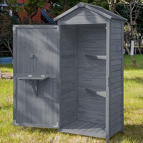 Outdoor Storage Cabinet, Wood Garden Shed, Waterproof Tool Furniture with Shelves, Door, Adjustable Legs for Yard, Patio, Deck