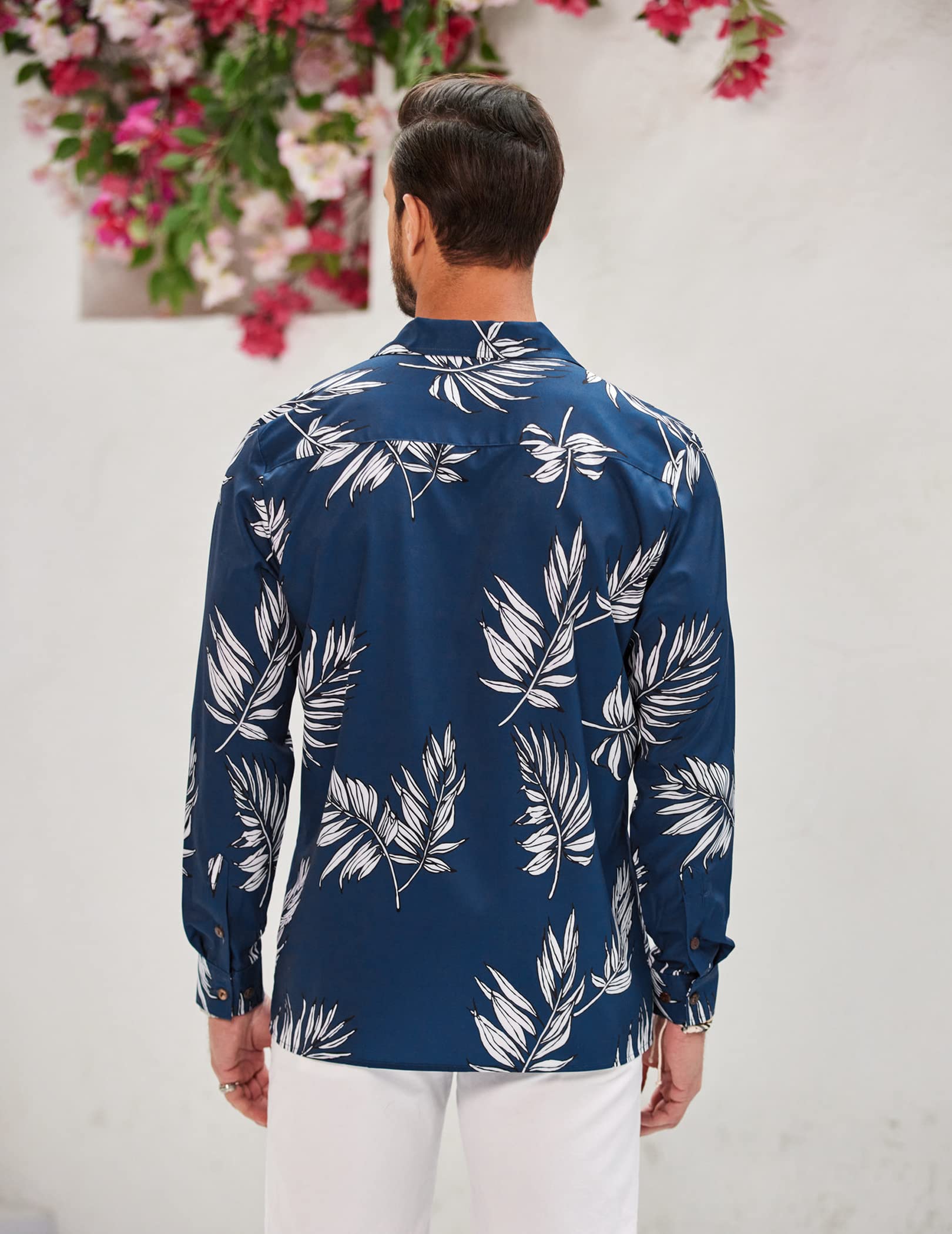 COOFANDY Long Sleeve Hawaiian Shirts for Men Palm Leaf Printed Button Down Shirts Cuban Collar Hawaiian Floral Shirt Palm Leaf L