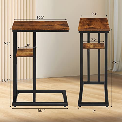 C Shaped Side Table for Sofa, Couch End Table for Small Spaces,Skinny Couch Side Tables Slide Under Sofa Bed,Snack Table with Bamboo, Modern Rustic Brown …