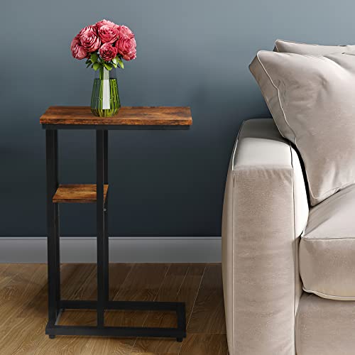 C Shaped Side Table for Sofa, Couch End Table for Small Spaces,Skinny Couch Side Tables Slide Under Sofa Bed,Snack Table with Bamboo, Modern Rustic Brown …