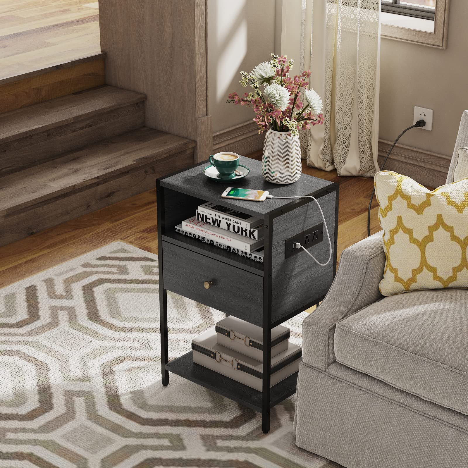 LDTTCUK Nightstand with Charging Station, Modern End Table with Drawer, Bedside Table with Open Storage for Bedroom, Grey